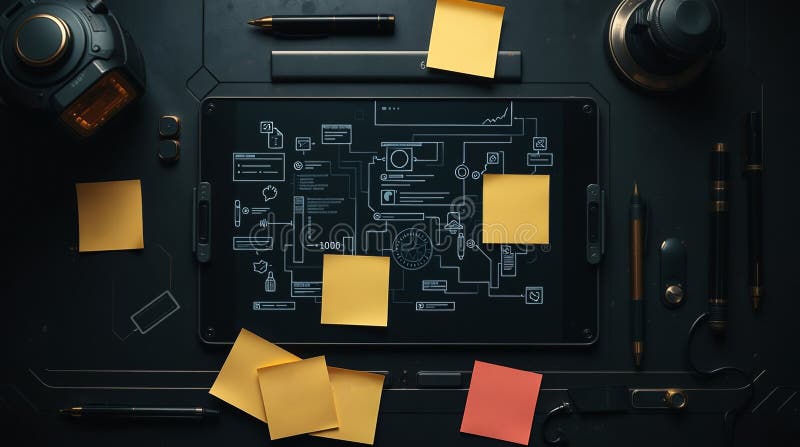 Technical Flowchart Displayed on Dark Surface with Sticky Notes and ...