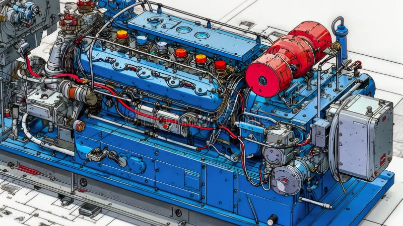 Drawing of a Complex Machine with Detailed Blueprints on Top, Showing ...