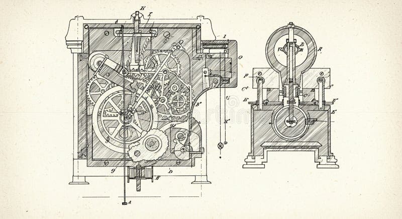Technical Illustration of a Complex Mechanical Device, Featuring ...
