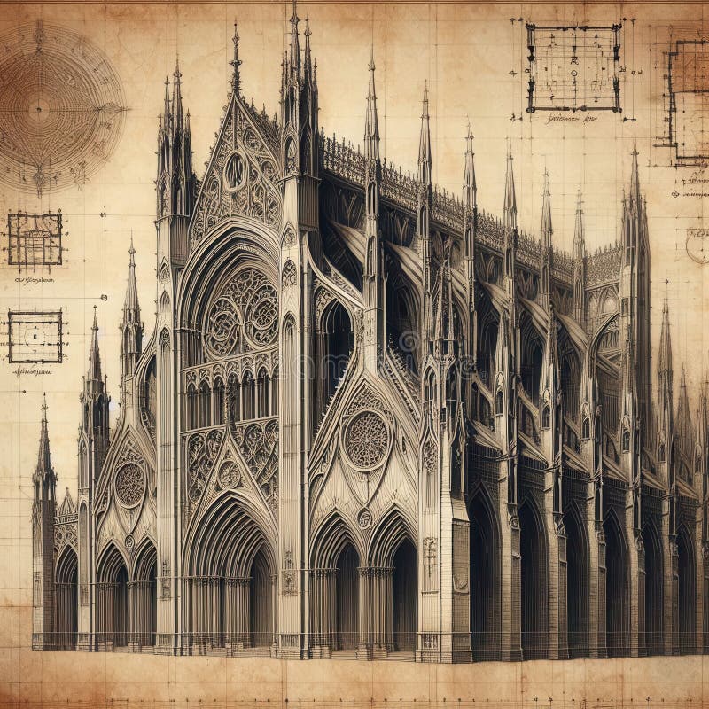 Ink Drawing of Cathedral Nave and Aisles Stock Illustration ...