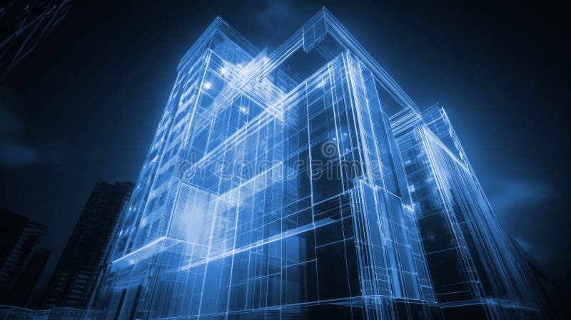 Office Building in Glowing Wireframe: a Technical Illustration Stock ...