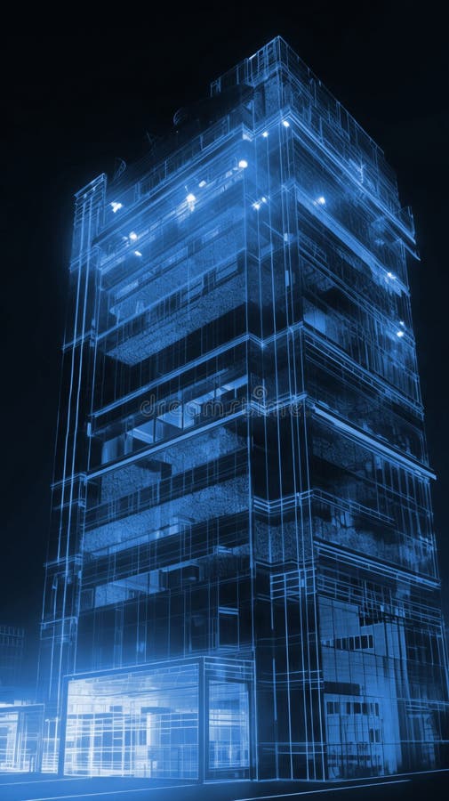 Office Building in Glowing Wireframe: a Technical Illustration Stock ...