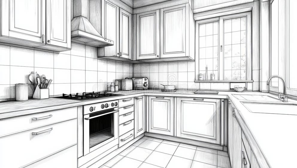 Technical Illustration of a Modern Kitchen Design Highlighting the ...
