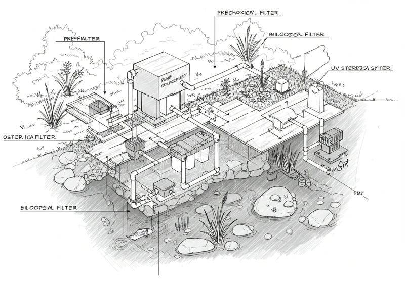 Technical Illustration of a Pond Filtration System. Labeled Components ...