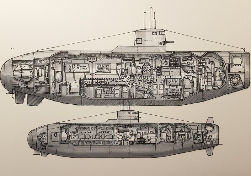 Technical Illustration of a Submarine Cutaway, Displaying Interior ...