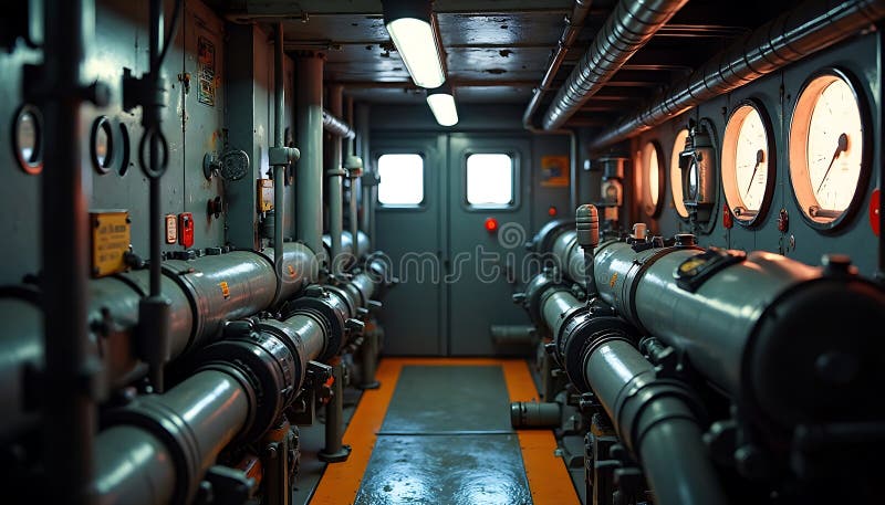 Industrial Machinery Room with Large Pipes and Gauges in Technical ...