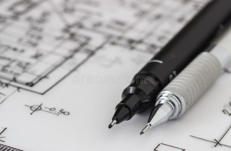 Technical and Mechanical Pen on Drawing Stock Photo - Image of close ...