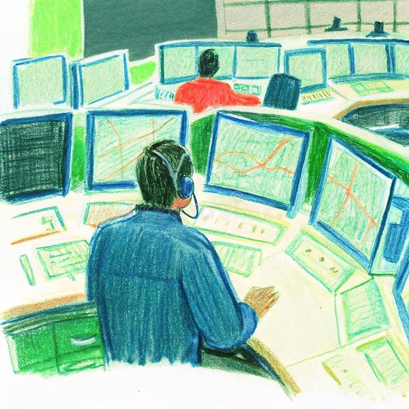 Technical Operator Monitoring Graphs and Data on Multiple Screens in Control Room Environment ...