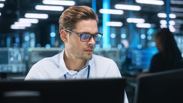 Technical Operator Sits and Monitors Various Activities on Two Computer ...