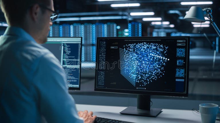 Technical Operator Works at His Workstation with Display Showing Neural ...