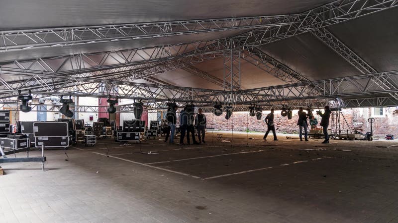 Male Workers Technically Prepare the Stage for the Big Concert Under ...