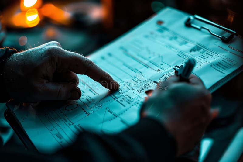 Technical Professional Examining Schematics on Clipboard Stock Photo ...