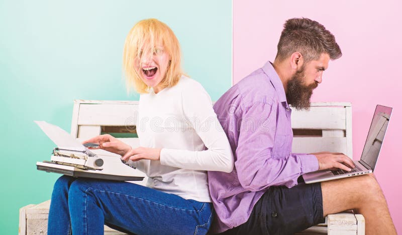 Technical Progress. Woman Annoyed Retro Typewriter and Man Modern ...