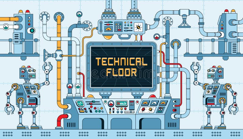 Technical Room with Control Panels Pipes and Screen Stock Vector ...