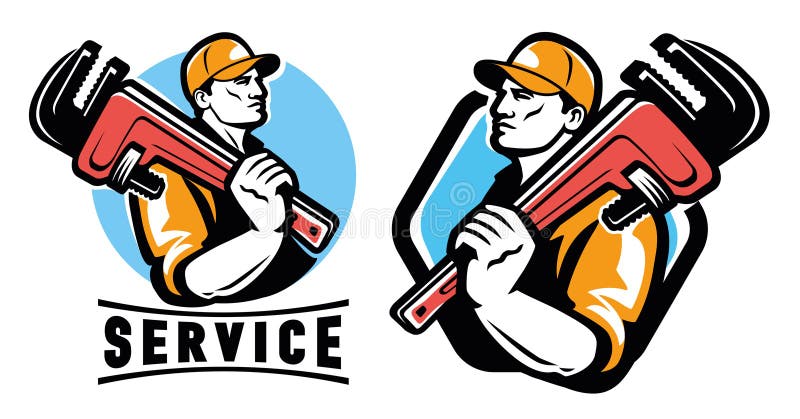 Technical Service Emblem, Workshop Logo. Plumber with Plumbing Wrench ...