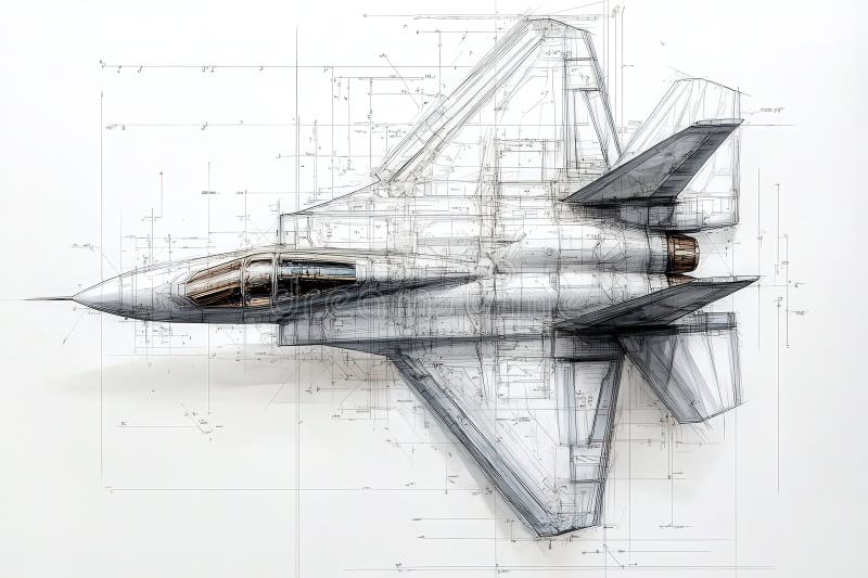 Technical Sketch Drawing of a Jet Fighter Showcasing Intricate Design ...
