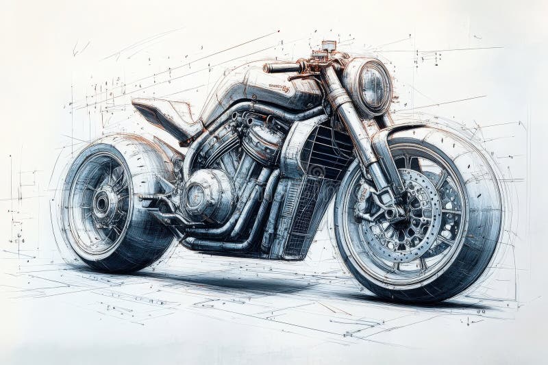 Technical Sketch of a Detailed Motorcycle Design Showcasing Innovative ...