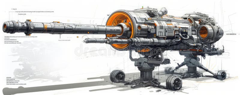 A Technical Sketch of a Heavy Artillery Cannon, Showcasing Its Barrel ...