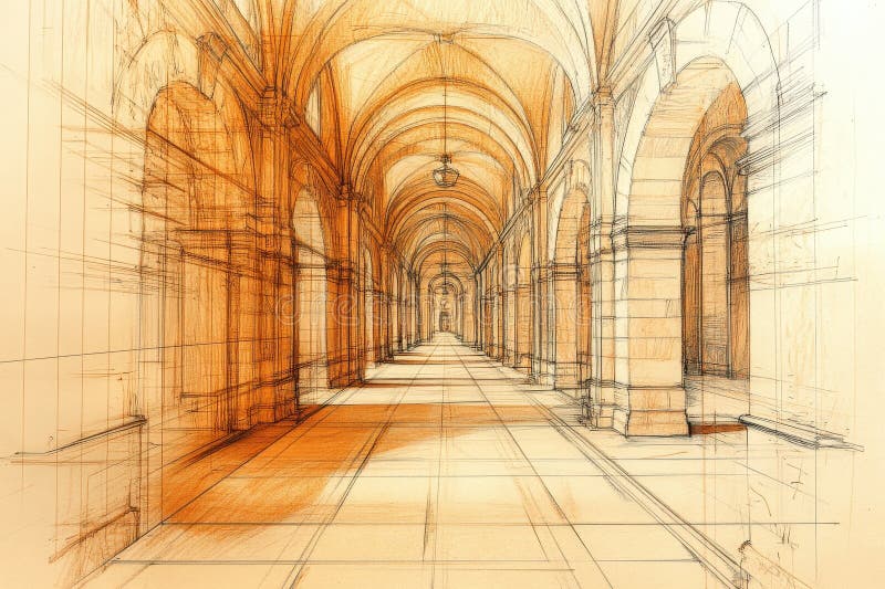 Detailed Technical Sketch of an Architectural Hallway Design with ...