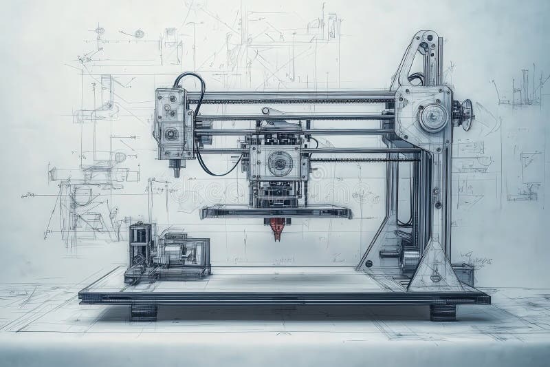 Detailed Technical Sketch of a 3D Printer Showcasing Design Elements ...