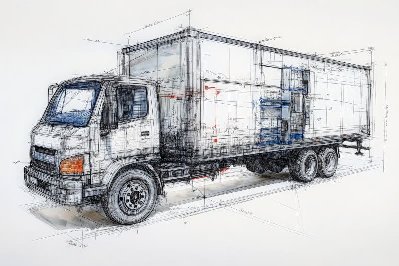 Technical Sketch Drawing of a Delivery Truck with Detailed Features and ...