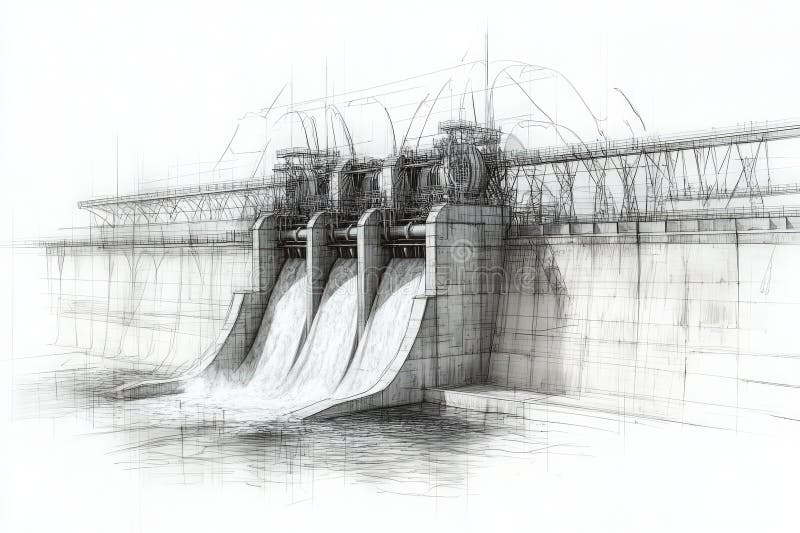 Technical Sketch of a Hydroelectric Dam Design with Water Flow Details ...