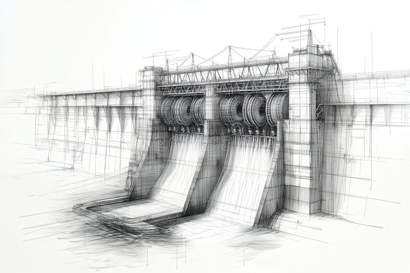 Detailed Technical Sketch of a Hydroelectric Dam Design and Structure ...