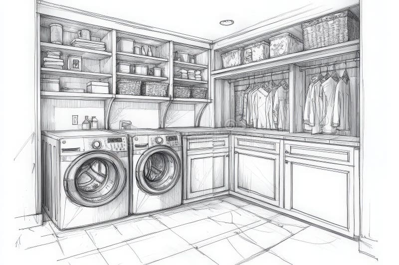 Technical Sketch Depicting a Well-designed Laundry Room with Storage ...