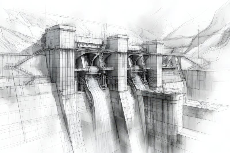Technical Sketch of a Hydroelectric Dam Design Showcasing Its Structure ...