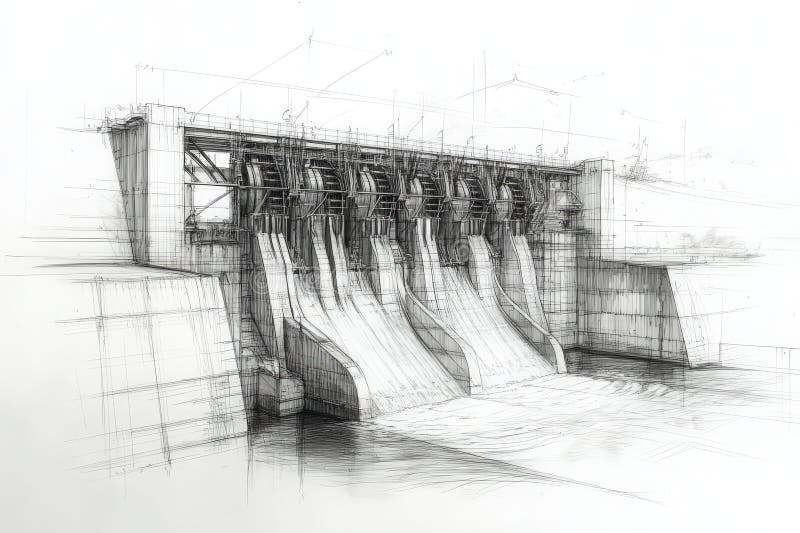 Technical Sketch of a Hydroelectric Dam Showing Design Features and ...