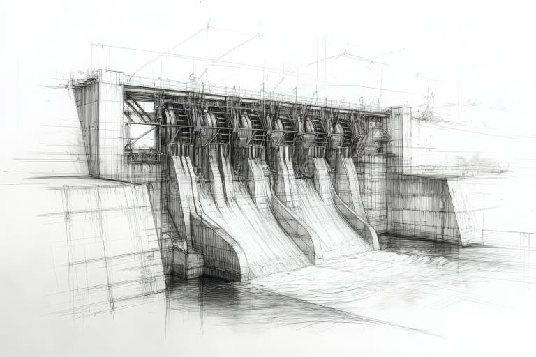 Technical Sketch of a Hydroelectric Dam Showing Design Features and ...