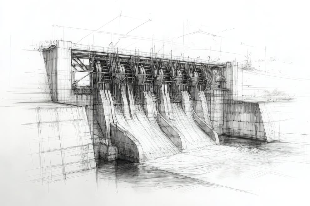 Technical Sketch of a Hydroelectric Dam Showing Design Features and ...