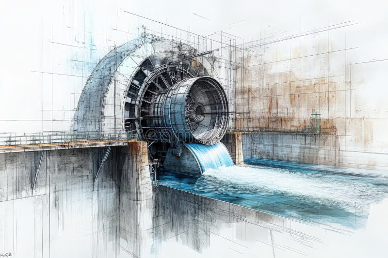 Technical Sketch of a Hydroelectric Dam with Turbine and Water Flow ...
