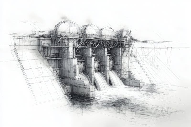 Technical Sketch of a Hydroelectric Dam Showing Water Flow and ...