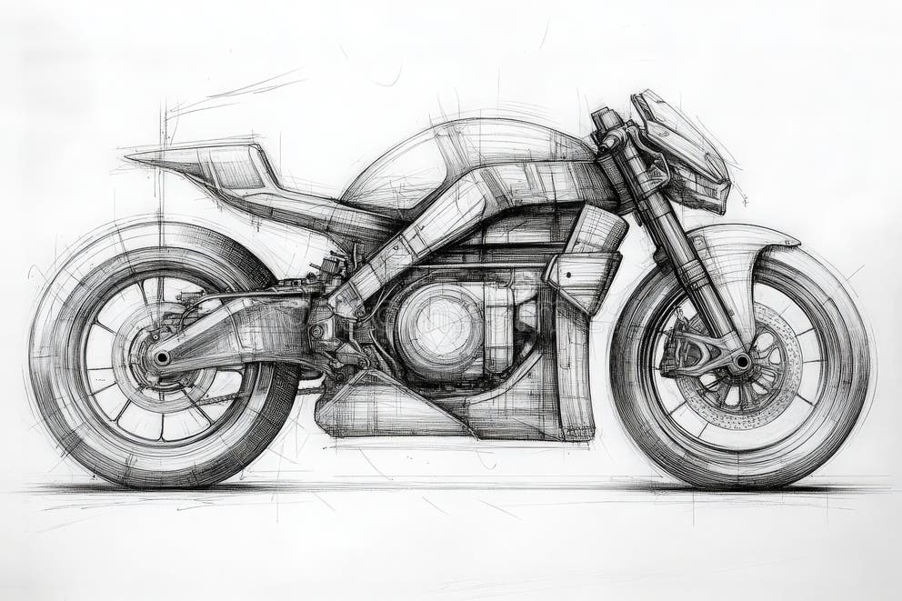 Detailed Technical Sketch of a Futuristic Motorcycle Design with Modern ...