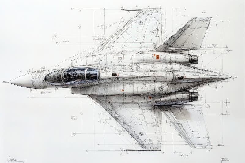 Detailed Technical Sketch of a Jet Fighter Showcasing Design Elements ...