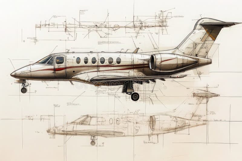 Detailed Technical Sketch of a Sleek Private Jet Showcasing Its Design ...