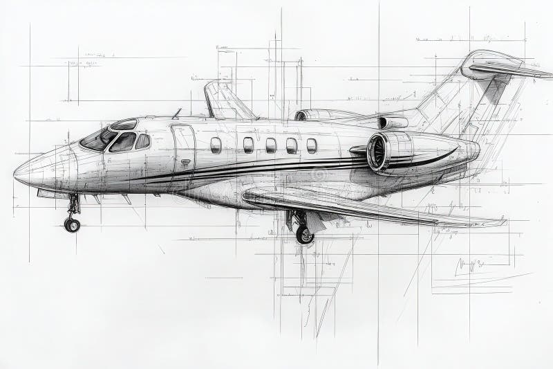 Technical Sketch of a Private Jet Design with Detailed Engineering ...