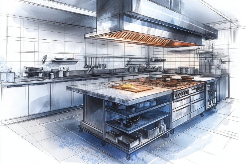 Technical Sketch of a Modern Kitchen Design with Cooking Tools and ...