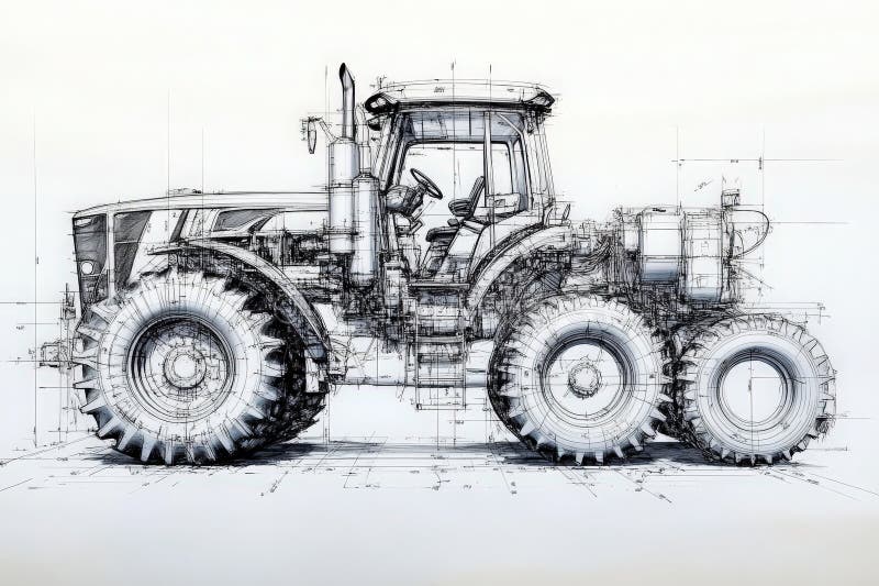 Technical Sketch of a Modern Tractor Showcasing Detailed Design and ...