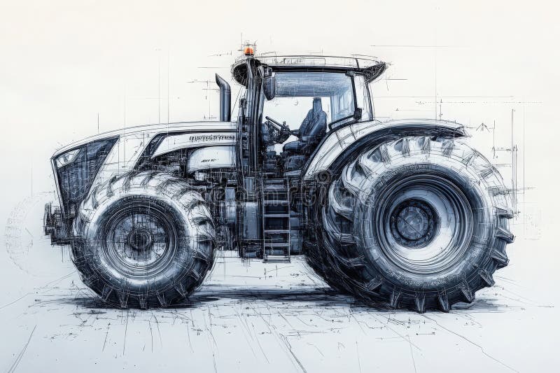 Detailed Technical Sketch of a Modern Tractor Showcasing Design ...