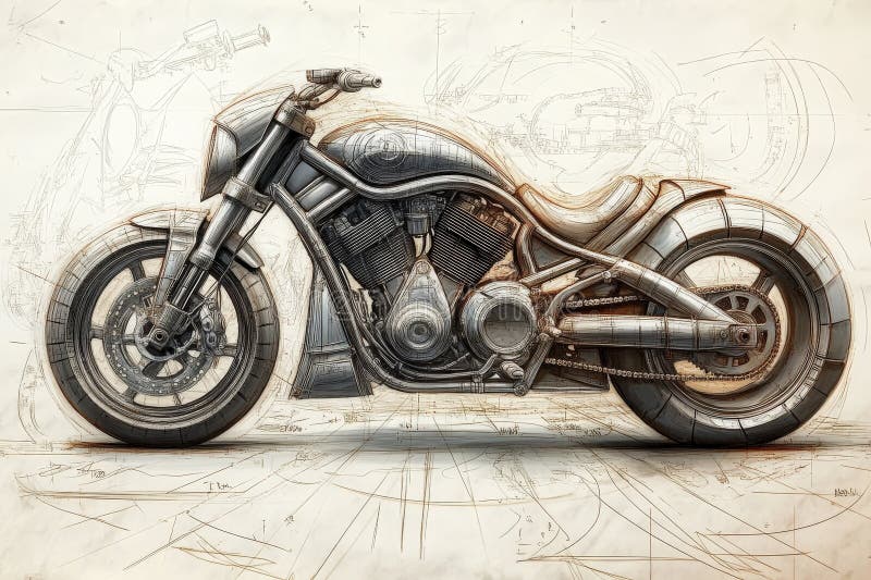 Detailed Technical Sketch of a Motorcycle Design Showcasing Components ...