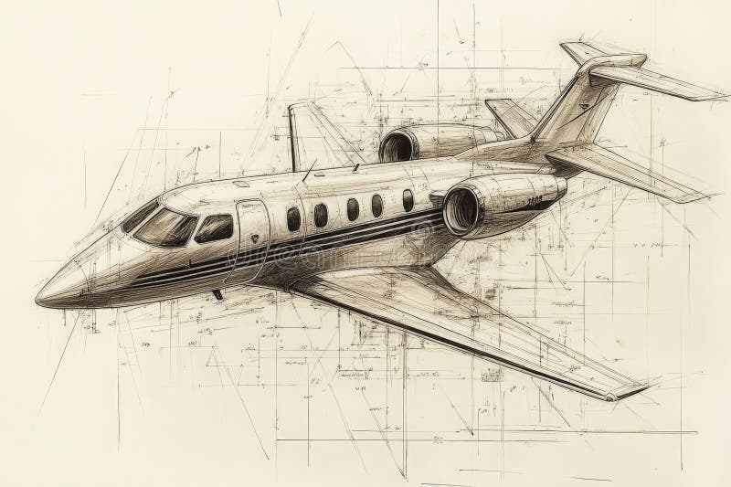Technical Sketch of a Luxurious Private Jet with Precise Measurements ...