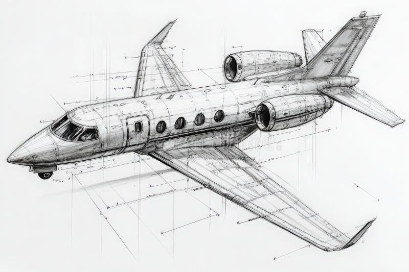 Technical Sketch of a Private Jet Showcasing Detailed Design and ...