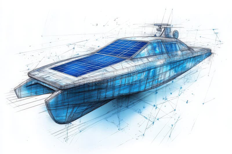 Technical Sketch of a Solar-powered Boat Showcasing Innovative Design ...