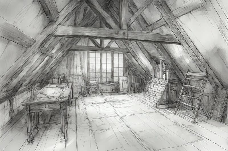 Detailed Technical Sketch of an Intricate Attic Interior with Wooden ...