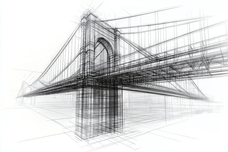 Technical Sketch of a Suspension Bridge Design Featuring Intricate ...