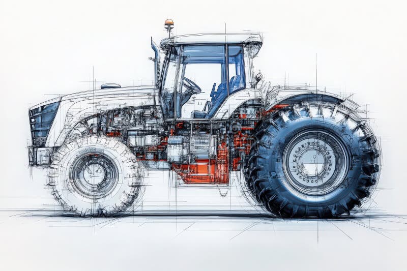 Detailed Technical Sketch of a Modern Tractor Showcasing Its Design and ...