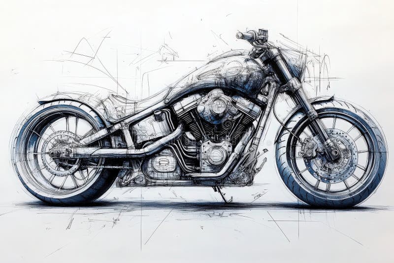 Detailed Technical Sketch Drawing of a Motorcycle Showcasing Design ...