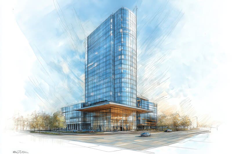 Technical Sketch Illustrating a Modern High-rise Building in an Urban ...